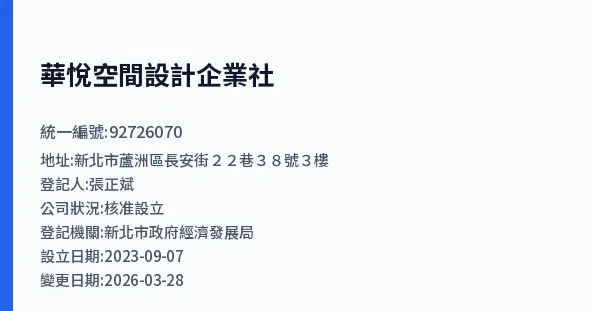 華悅空間設計企業社的照片-統編 92726070(新北市) 公司登記資料與營業項目詳細圖表