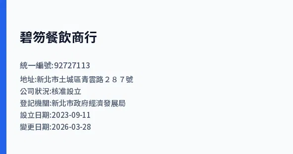 碧笏餐飲商行的照片-統編 92727113(新北市) 公司登記資料與營業項目詳細圖表