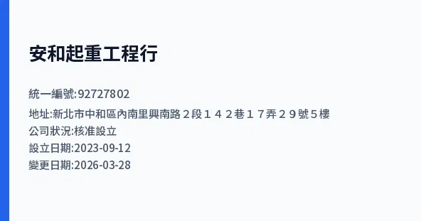安和起重工程行的照片-統編 92727802(新北市) 公司登記資料與營業項目詳細圖表