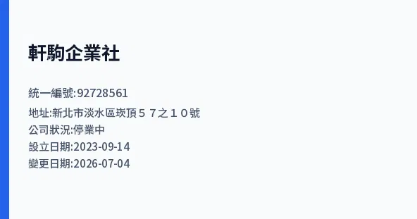 軒駒企業社的照片-統編 92728561(新北市) 公司登記資料與營業項目詳細圖表