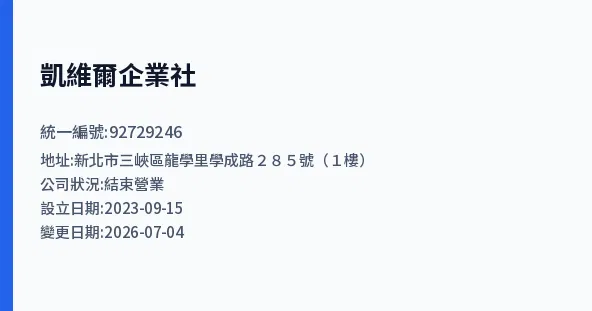 凱維爾企業社的照片-統編 92729246(新北市) 公司登記資料與營業項目詳細圖表