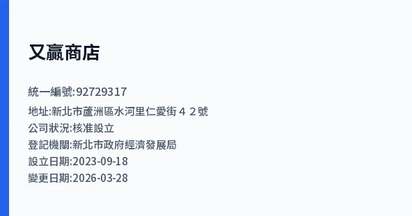 又贏商店的照片-統編 92729317(新北市) 公司登記資料與營業項目詳細圖表
