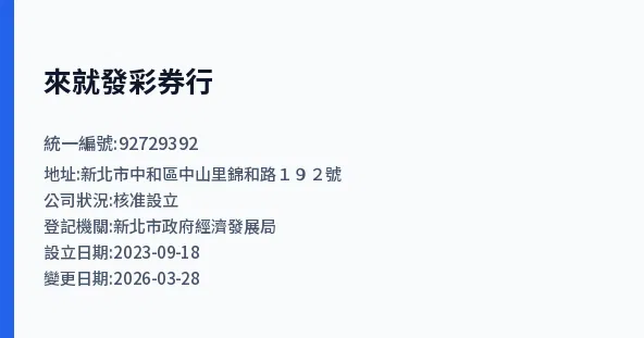來就發彩券行的照片-統編 92729392(新北市) 公司登記資料與營業項目詳細圖表