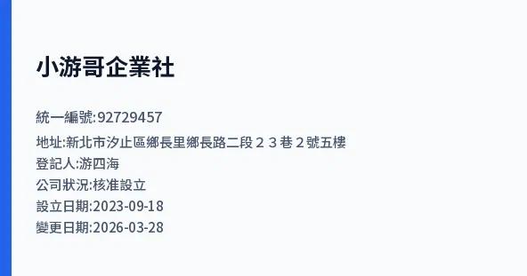 小游哥企業社的照片-統編 92729457(新北市) 公司登記資料與營業項目詳細圖表
