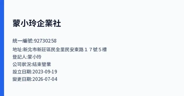 蒙小玲企業社的照片-統編 92730258(新北市) 公司登記資料與營業項目詳細圖表