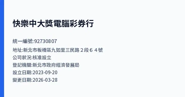 快樂中大獎電腦彩券行的照片-統編 92730807(新北市) 公司登記資料與營業項目詳細圖表