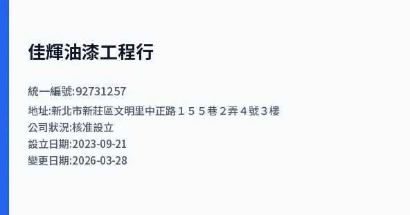 佳輝油漆工程行的照片-統編 92731257(新北市) 公司登記資料與營業項目詳細圖表