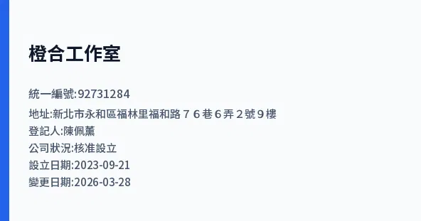 橙合工作室的照片-統編 92731284(新北市) 公司登記資料與營業項目詳細圖表
