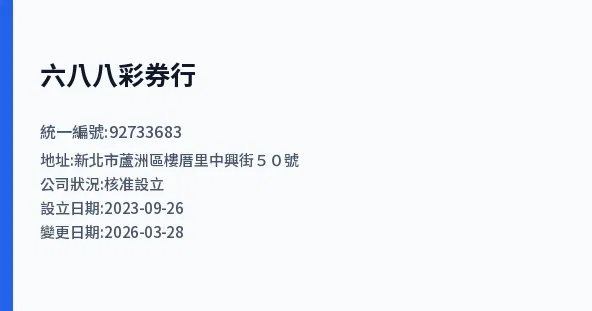 六八八彩券行的照片-統編 92733683(新北市) 公司登記資料與營業項目詳細圖表