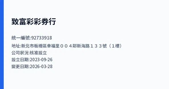 致富彩彩券行的照片-統編 92733918(新北市) 公司登記資料與營業項目詳細圖表