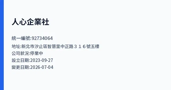 人心企業社的照片-統編 92734064(新北市) 公司登記資料與營業項目詳細圖表