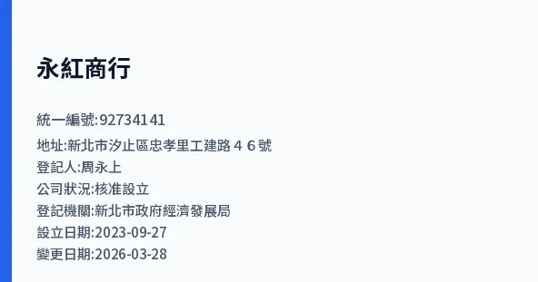 永紅商行的照片-統編 92734141(新北市) 公司登記資料與營業項目詳細圖表