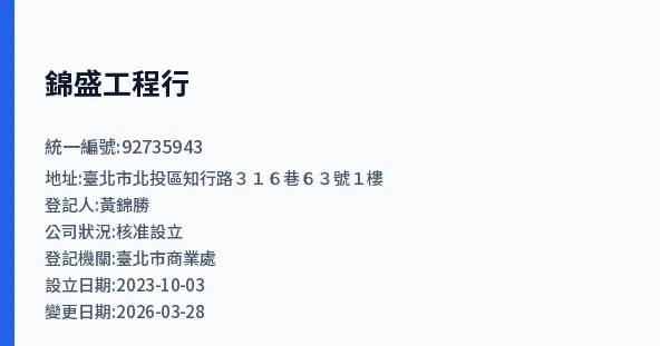 錦盛工程行的照片-統編 92735943(臺北市) 公司登記資料與營業項目詳細圖表