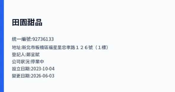 田園甜品的照片-統編 92736133(新北市) 公司登記資料與營業項目詳細圖表