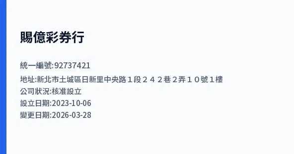 賜億彩券行的照片-統編 92737421(新北市) 公司登記資料與營業項目詳細圖表