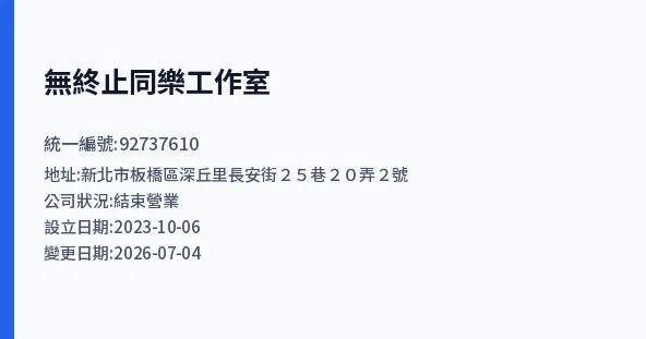 無終止同樂工作室的照片-統編 92737610(新北市) 公司登記資料與營業項目詳細圖表
