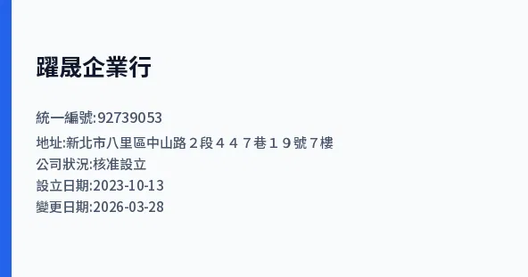 躍晟企業行的照片-統編 92739053(新北市) 公司登記資料與營業項目詳細圖表