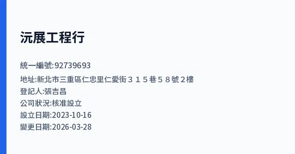 沅展工程行的照片-統編 92739693(新北市) 公司登記資料與營業項目詳細圖表