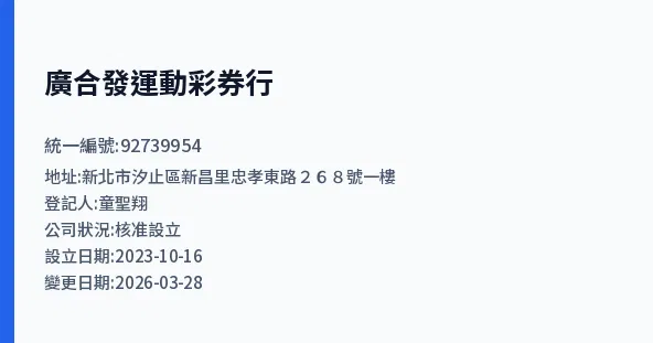 廣合發運動彩券行的照片-統編 92739954(新北市) 公司登記資料與營業項目詳細圖表