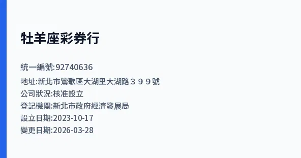 牡羊座彩券行的照片-統編 92740636(新北市) 公司登記資料與營業項目詳細圖表