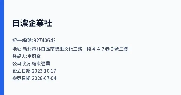 日濃企業社的照片-統編 92740642(新北市) 公司登記資料與營業項目詳細圖表