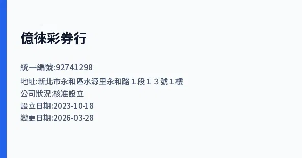 億徠彩券行的照片-統編 92741298(新北市) 公司登記資料與營業項目詳細圖表