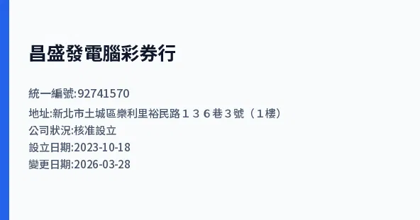 昌盛發電腦彩券行的照片-統編 92741570(新北市) 公司登記資料與營業項目詳細圖表