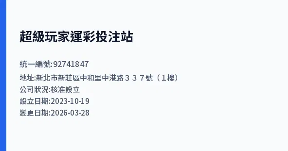 超級玩家運彩投注站的照片-統編 92741847(新北市) 公司登記資料與營業項目詳細圖表