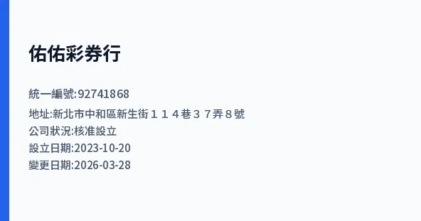 佑佑彩券行的照片-統編 92741868(新北市) 公司登記資料與營業項目詳細圖表