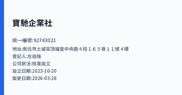 寶馳企業社的照片-統編 92743021(新北市) 公司登記資料與營業項目詳細圖表
