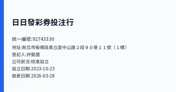 日日發彩券投注行的照片-統編 92743330(新北市) 公司登記資料與營業項目詳細圖表