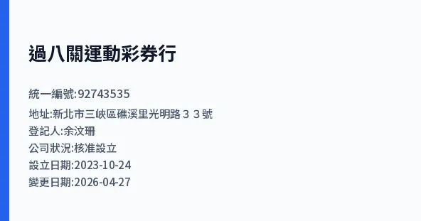 過八關運動彩券行的照片-統編 92743535(新北市) 公司登記資料與營業項目詳細圖表