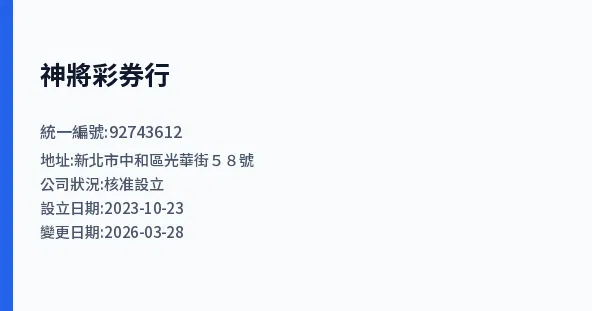 神將彩券行的照片-統編 92743612(新北市) 公司登記資料與營業項目詳細圖表