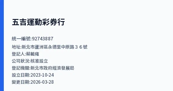 五吉運動彩券行的照片-統編 92743887(新北市) 公司登記資料與營業項目詳細圖表