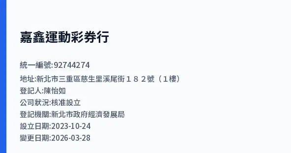 嘉鑫運動彩券行的照片-統編 92744274(新北市) 公司登記資料與營業項目詳細圖表