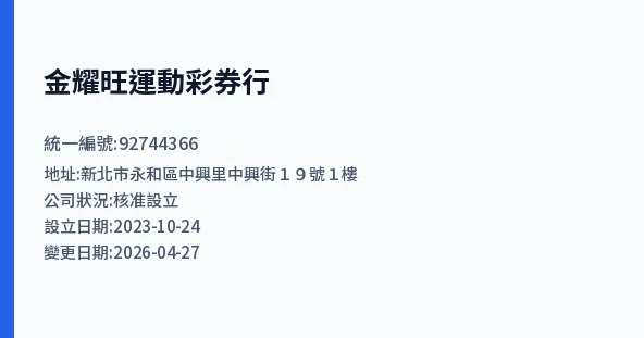 金耀旺運動彩券行的照片-統編 92744366(新北市) 公司登記資料與營業項目詳細圖表