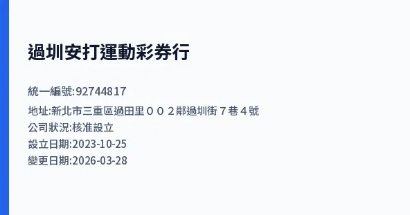 過圳安打運動彩券行的照片-統編 92744817(新北市) 公司登記資料與營業項目詳細圖表