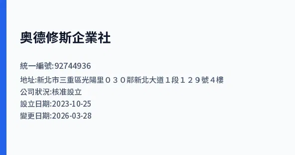 奥德修斯企業社的照片-統編 92744936(新北市) 公司登記資料與營業項目詳細圖表