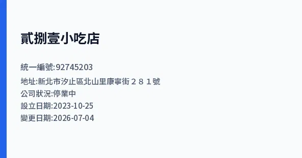 貳捌壹小吃店的照片-統編 92745203(新北市) 公司登記資料與營業項目詳細圖表