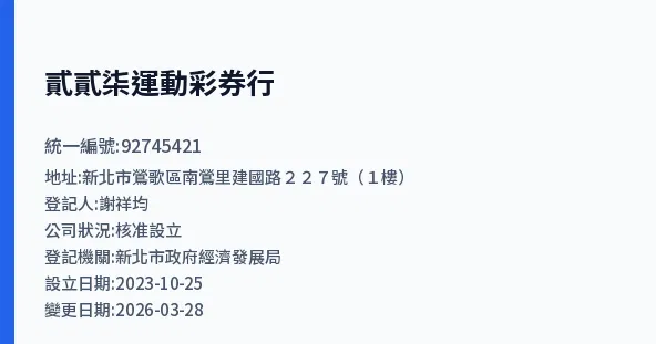 貳貳柒運動彩券行的照片-統編 92745421(新北市) 公司登記資料與營業項目詳細圖表