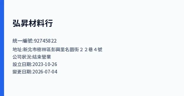 弘昇材料行的照片-統編 92745822(新北市) 公司登記資料與營業項目詳細圖表