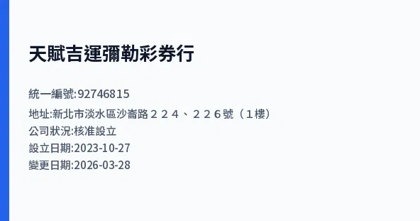 天賦吉運彌勒彩券行的照片-統編 92746815(新北市) 公司登記資料與營業項目詳細圖表