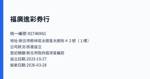 福廣進彩券行的照片-統編 92746961(新北市) 公司登記資料與營業項目詳細圖表