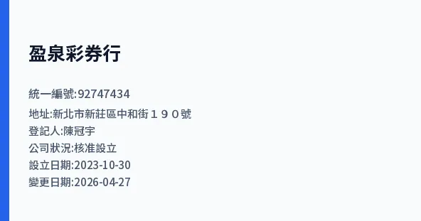 盈泉彩券行的照片-統編 92747434(新北市) 公司登記資料與營業項目詳細圖表