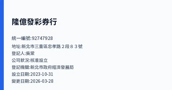 隆億發彩券行的照片-統編 92747928(新北市) 公司登記資料與營業項目詳細圖表