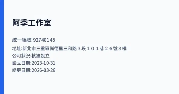 阿季工作室的照片-統編 92748145(新北市) 公司登記資料與營業項目詳細圖表