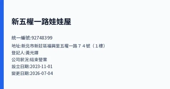 新五權一路娃娃屋的照片-統編 92748399(新北市) 公司登記資料與營業項目詳細圖表