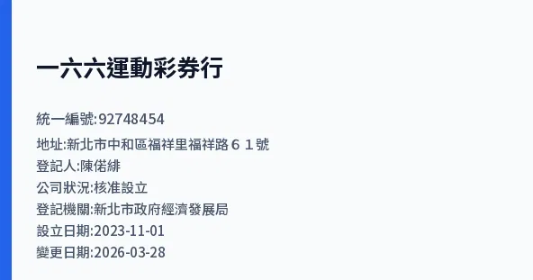 一六六運動彩券行的照片-統編 92748454(新北市) 公司登記資料與營業項目詳細圖表