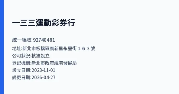 一三三運動彩券行的照片-統編 92748481(新北市) 公司登記資料與營業項目詳細圖表