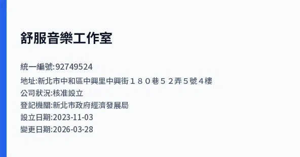 舒服音樂工作室的照片-統編 92749524(新北市) 公司登記資料與營業項目詳細圖表